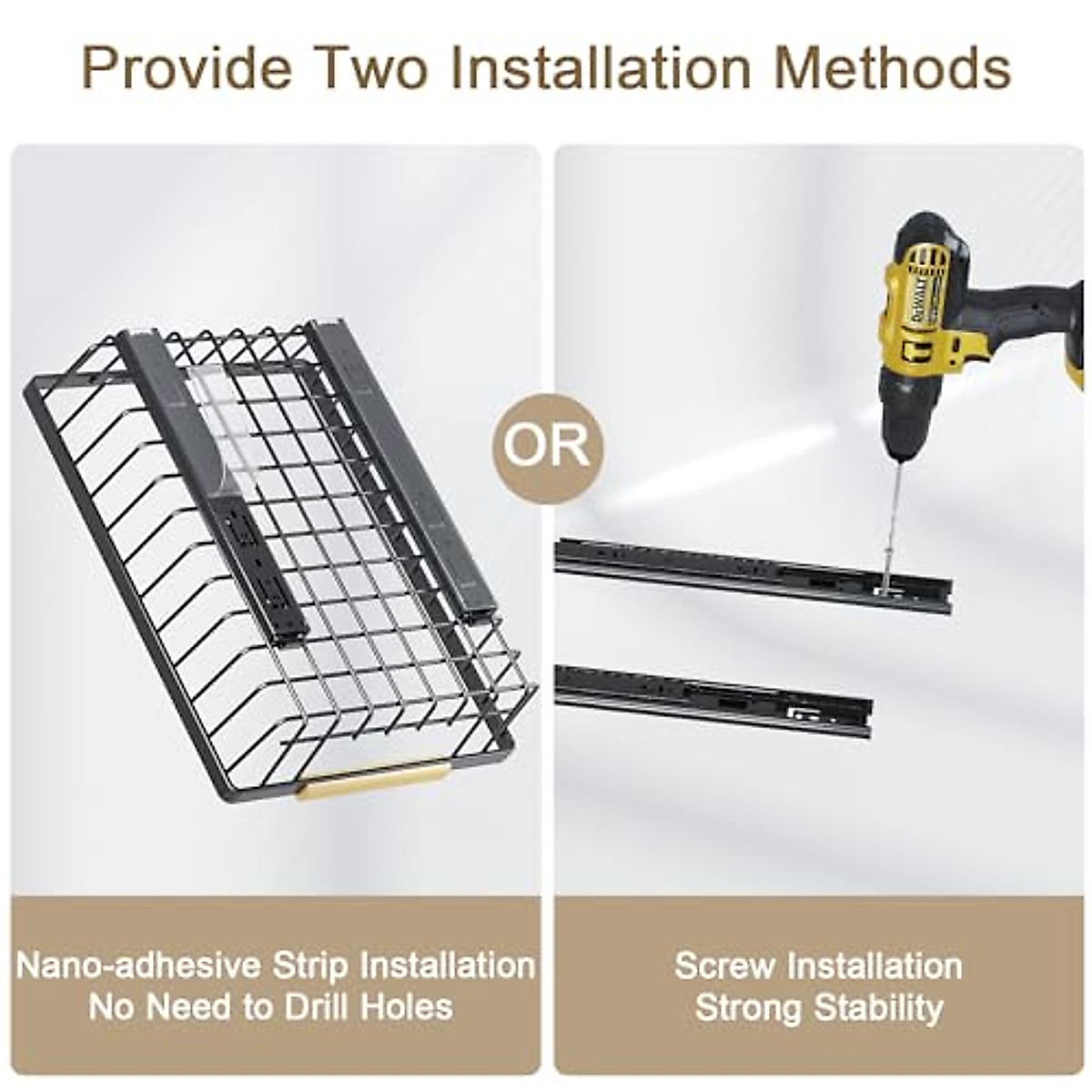 Pull Out Cabinet Organizer, AUFWORLD 2 Pack Heavy Duty Slide Out Drawers Fixed with Adhesive Nano Film, Pull Out Shelves for Kitchen Cabinets, Pantry, Bathroom Organization (Black, 2 Pack)