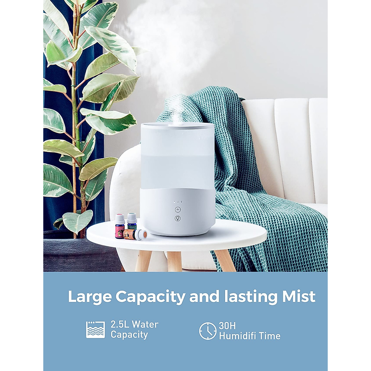 Cool Mist Humidifier, 2-in-1 Essential Oil Diffuser for Baby Kids Nursery, 2.5L Top Fill Humidifier with 7-Color Night Lights for Bedroom Office, Humidifier with Adjustable Mist Mode, Auto Shut Off