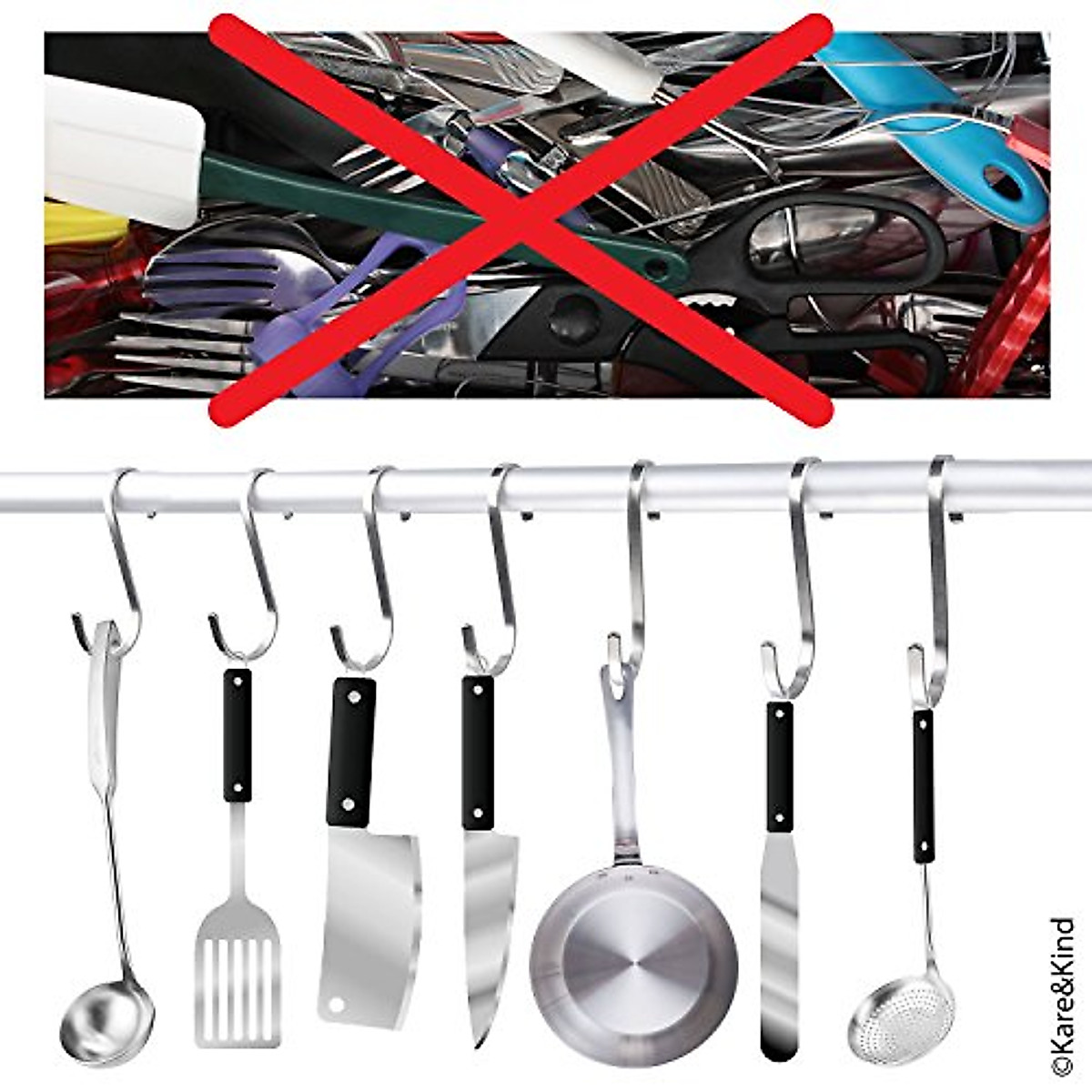 Flat S-Shaped Hanging Hooks - for Kitchen Utensils, Garage or Garden Tools, etc. - Heavy Duty Genuine Solid 304 Stainless Steel - Multi Purpose - This Kit Contains 10 Small Hooks