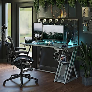 CubiCubi Aurora Gaming Desk with Carbon Fiber Surface, 40 Inch L Shaped Desk with Storage Shelves, Small Corner Computer Desk with Monitor Shelf, Gamer Desk PC Table, Grey