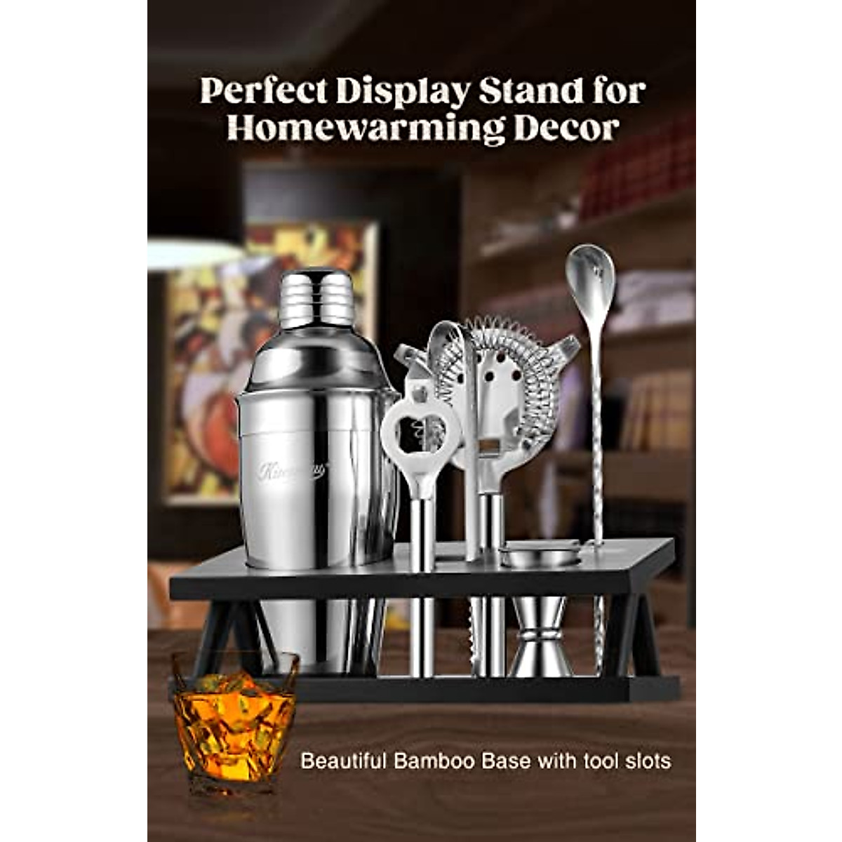 KITESSENSU 6-Piece Bar Set Cocktail Shaker Set - Mixology Bartender Kit with Stand - Silver Bar Kit for Drink Mixing - Bar Tools: Martini Shaker, Jigger, Strainer, Bar Spoon, Tongs, Opener