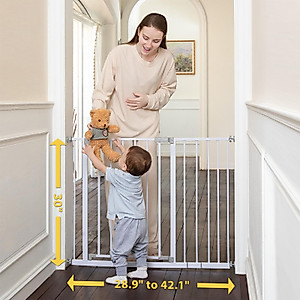 InnoTruth 29-39.6" Width Auto Close Dog Gate, 30" Tall Wide Baby Gate for Pets, Extra Wall Pressure or Hardware Mounted for Stairs, Doorways, Bedrooms, Safety Child No Drill Walk Through Gate, White