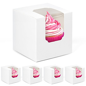 TOXOY 20PCS White Cupcake Containers, 3.5"x3.5"x3.5" Pastry Boxes Cookies Boxes with Window and Inserts for Birthday Party Baby Shower
