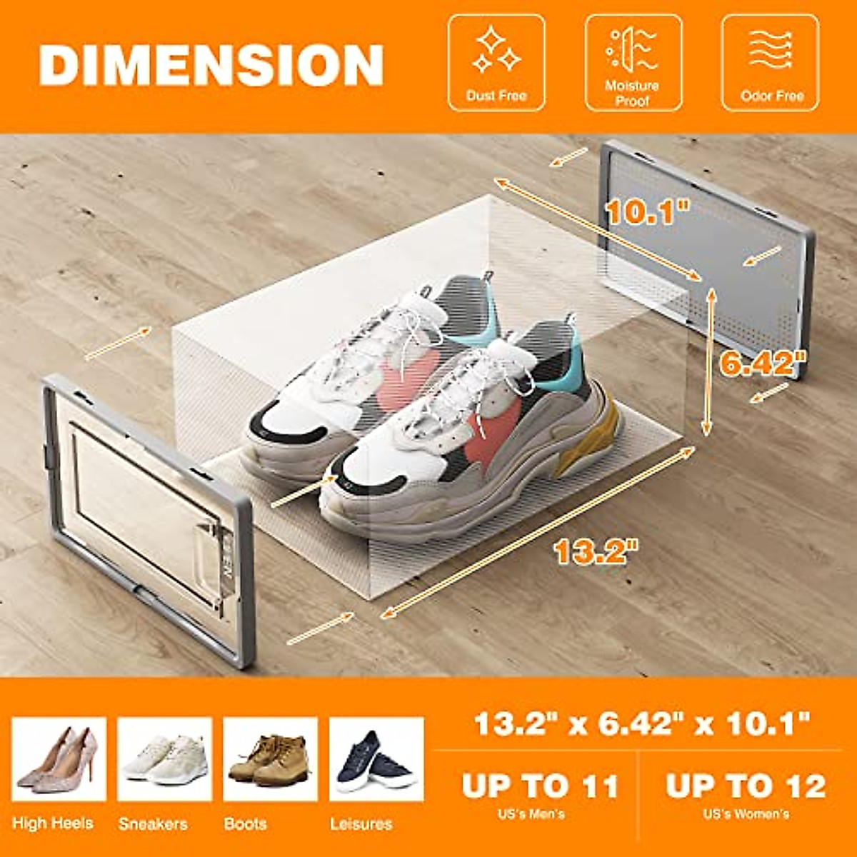 Fixwal XL-Large Shoe Storage Box, 12 Pack, Clear Plastic Organizers for Closet, Stackable, 13.2 x 10.1 x 6.42 Inch