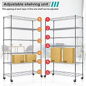 BLKMTY 6 Tier Wire Shelving Unit Adjustable Storage Shelves Metal Shelf with Wheels Wire Rack for Garage Basement Kitchen Racks 2100lbs Capacity Metal Pantry Shelves 48"x18"x82", Silver