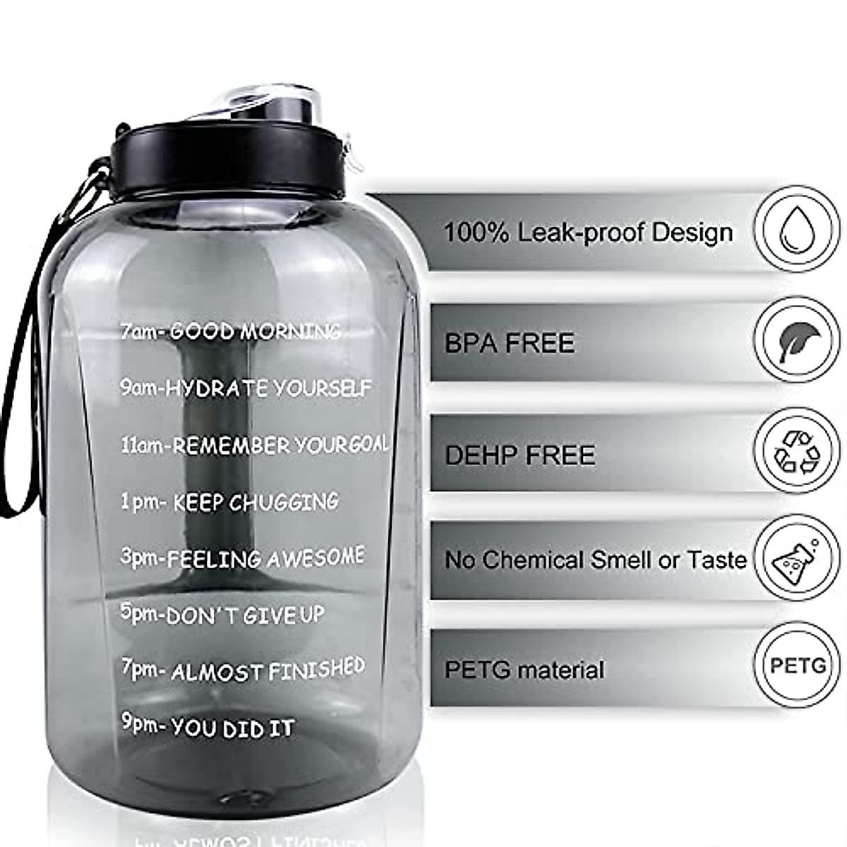 OTTEN Gallon Water Bottle with Time Marker - Reusable Tritan Gym Water Jug, BPA Free Leak Proof (Black, 128 Ounces)