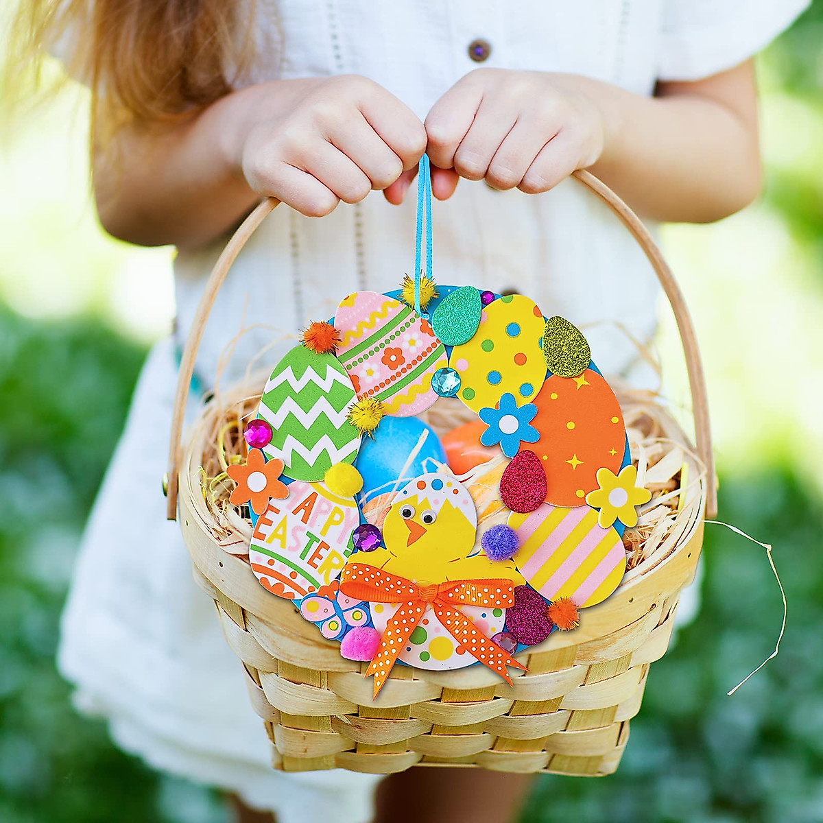 12 Sets Easter Wreath Signs Decorations DIY Foam Easter Craft Kits Easter Eggs Bunny Chick Foam Stickers Pom-Poms Googly Eyes for Kids Classroom Home Activity Art Project Gift Easter Front Door Décor