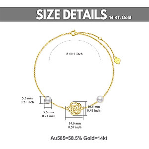 FENCCI Solid 14K Gold Rose Anklet for Women, Real Gold Rose Flower Pearl Anklets Bracelets for Women Foot Jewelry Mothers Day Gift for Mom Her Wife, 8+1+1 Inch