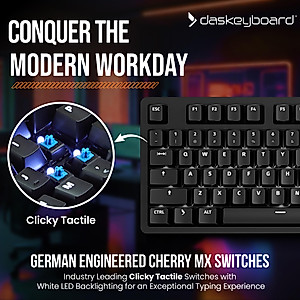 Das Keyboard 6 Professional Backlit Wired Mechanical Keyboard – Clicky Cherry MX Blue Switches, Shine-Through Keycaps, 2-Port USB C Hub, Media Controls, Durable Aluminum Enclosure, Volume Knob, NKRO