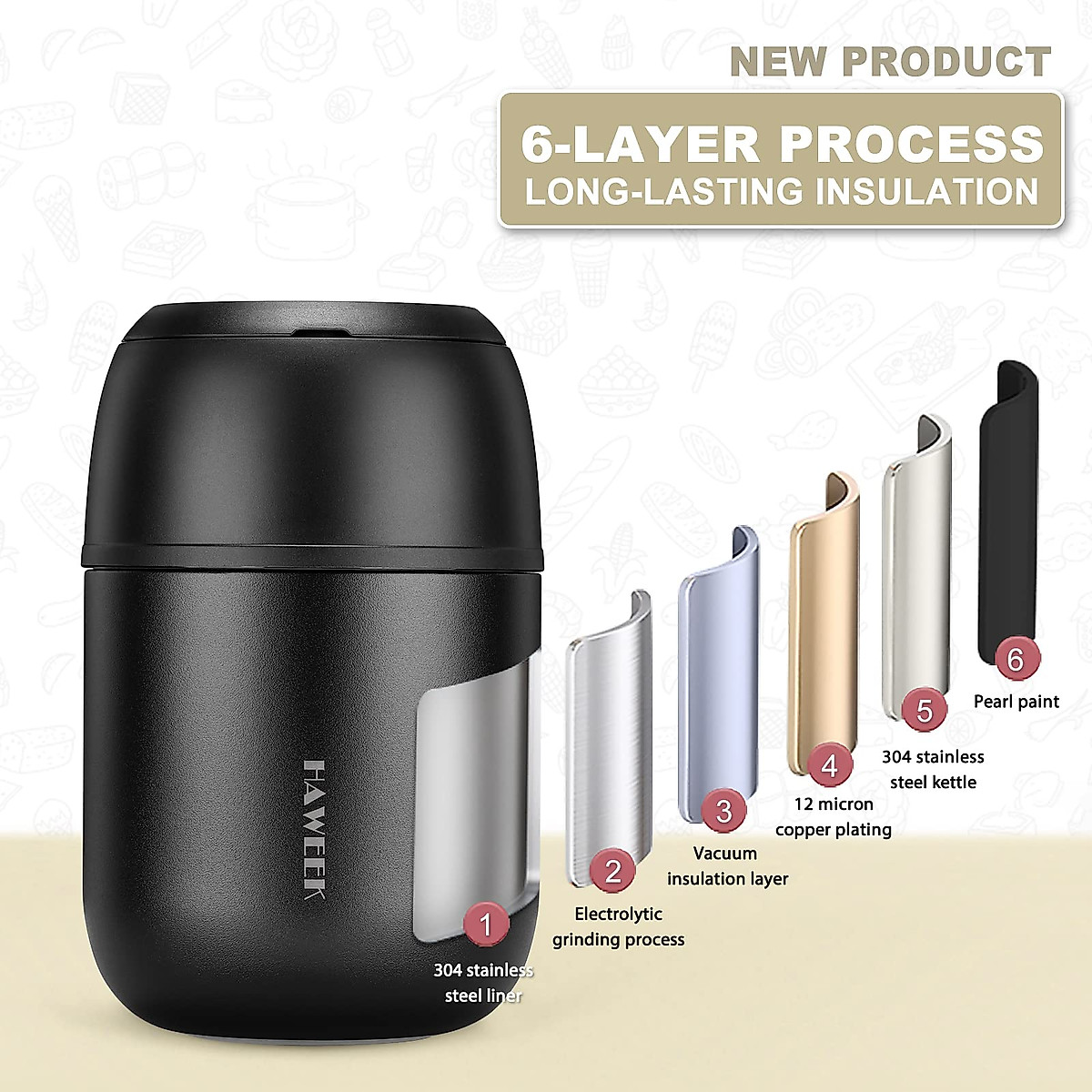 HAWEEK Insulated Food Container 17 oz Soup Thermo for Hot Food Kids Adults, Stainless Steel Vacuum Lunch Box with Folding Spoon, Adult Kids Thermo Portable with Handle for School, Office, Outdoor