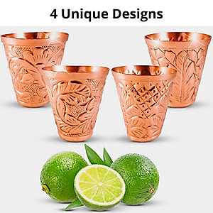 Kamojo Pure Copper Shot Glasses (Set of 4) - Moscow Mule Drinking Shot Glass for Home, Kitchen, Bar - Barware Drinking Glass for Tequila Vodka Cocktail Shooters - Custom Embossed Metal Drinkware Gift