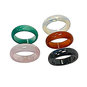 Gem Avenue Green and Pink Agate Hematite Carnalian Opalite Unisex Band Assorted Ring Size 6.5 Set of 5