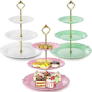 Fasmov 3 Pack 3 Tier Plastic Cupcake Stand, Dessert Plates Cake Fruit Candy Display Tower Reusable Pastry Platter for Wedding Birthday Baby Shower Tea Party Decorations - White, Pink Green