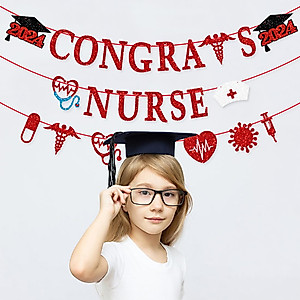 Nurse Graduation Party Decoration,2024 Glitter Red Nurses' Day Congrats Nurse Banner Nurses & Doctors Theme Garland Cake Cupcake Toppers for Nurses Week Nurses Day RN Graduation Party Supplies