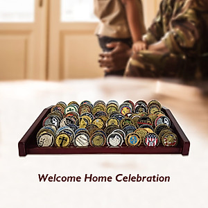 ASmileIndeep 12 Rows Military Challenge Coin Holder Display Case Holds 90-100 Coins, Solid Wood Army Coin Rack Display Stand for Desktop, Mahogany
