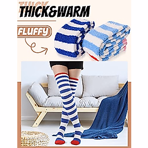 MOGGEI Womens Thigh High Fuzzy Socks Over Knee High Striped Stocking Stuffers Fluffy Cozy Slipper Fleece Gift Socks 2 Pairs (Blue & White Striped)