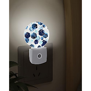 ILYBEEN Modern Geometric Seamless Art LED Night Lights Plug-in Nightlight with Auto Dusk to Dawn Sensor,Blue Gold Hexagon on White Round Lamp for Bedroom,Hallway,Bathroom