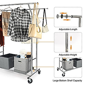 ALUPOM Extendable Double Rod Clothing Rack on Wheels, Heavy Duty Rolling Commercial Garment Rack, Chrome Clothes Rack for Hanging Clothes