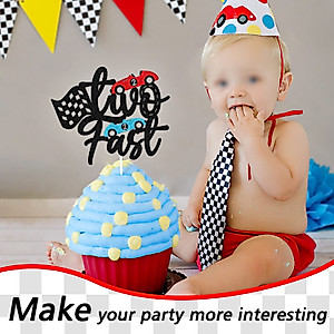 Two Fast Cake Topper Racing Car Chequered Flag Themed Happy Birthday Party Supply for Boys Girls Kids 2nd Second Two Bday Cake Decoration