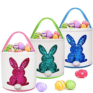 3 Pack Easter Eggs Baskets for Kids,Canvas Personalized Easter Bunny Baskets Bucket Tote Gifts Bags with Rabbit Fluffy Tail for Girls Boys Easter Eggs Hunt Easter Party Favors Decorations Toy