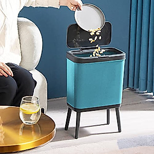 URALFA Slim Trash Can for Kitchen, 4 Gallon Narrow Garbage Can with Press Top Lid, Small Plastic Trash Bin Modern Garbage Bin Waste Basket for Home, Bedroom, Toilet, Living Room & Office, Blue