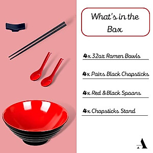 AFWAN Ramen Bowl Set of 4 32 OZ with Large Melamine Bowls Spoons Complete Dinnerware Set with Chopsticks long-lasting Japanese style