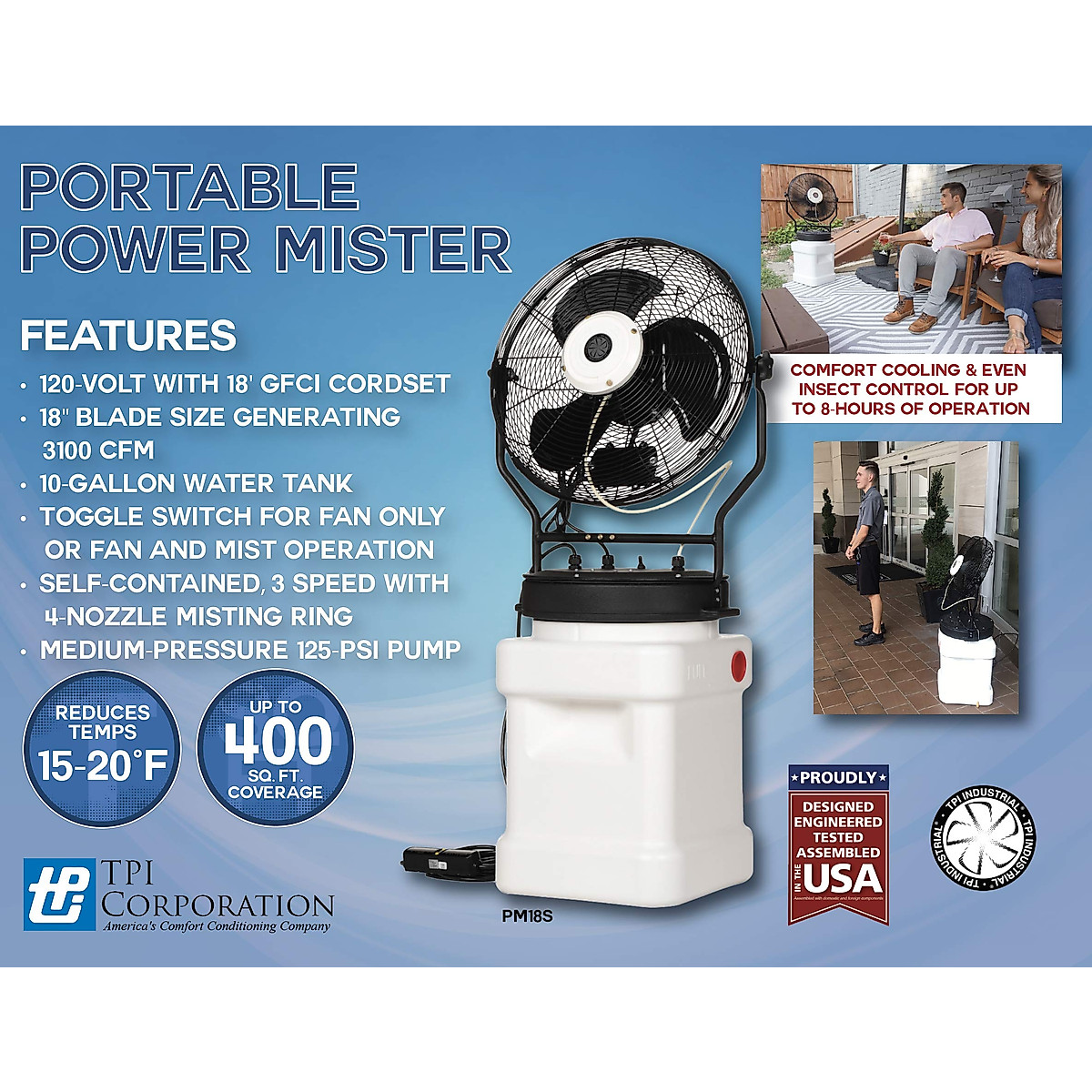 TPI PM18S Outdoor Rated Self-Contained Power Mister, Stand Alone, Medium Pressure, 18" Blade Size, 120-Volt with GFCI Plug