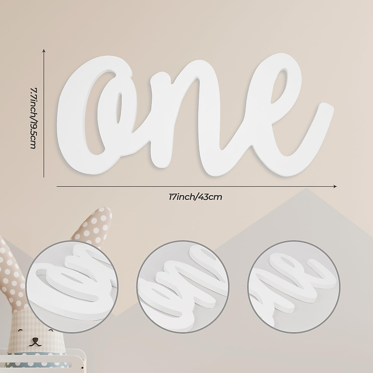 ONE Sign (Large 17in/Wooden/White), 1st Birthday Party and Baby Shower Decorations, Photo Prop, Wall Decor, Table Display, Baby Chair Photo Booth Props