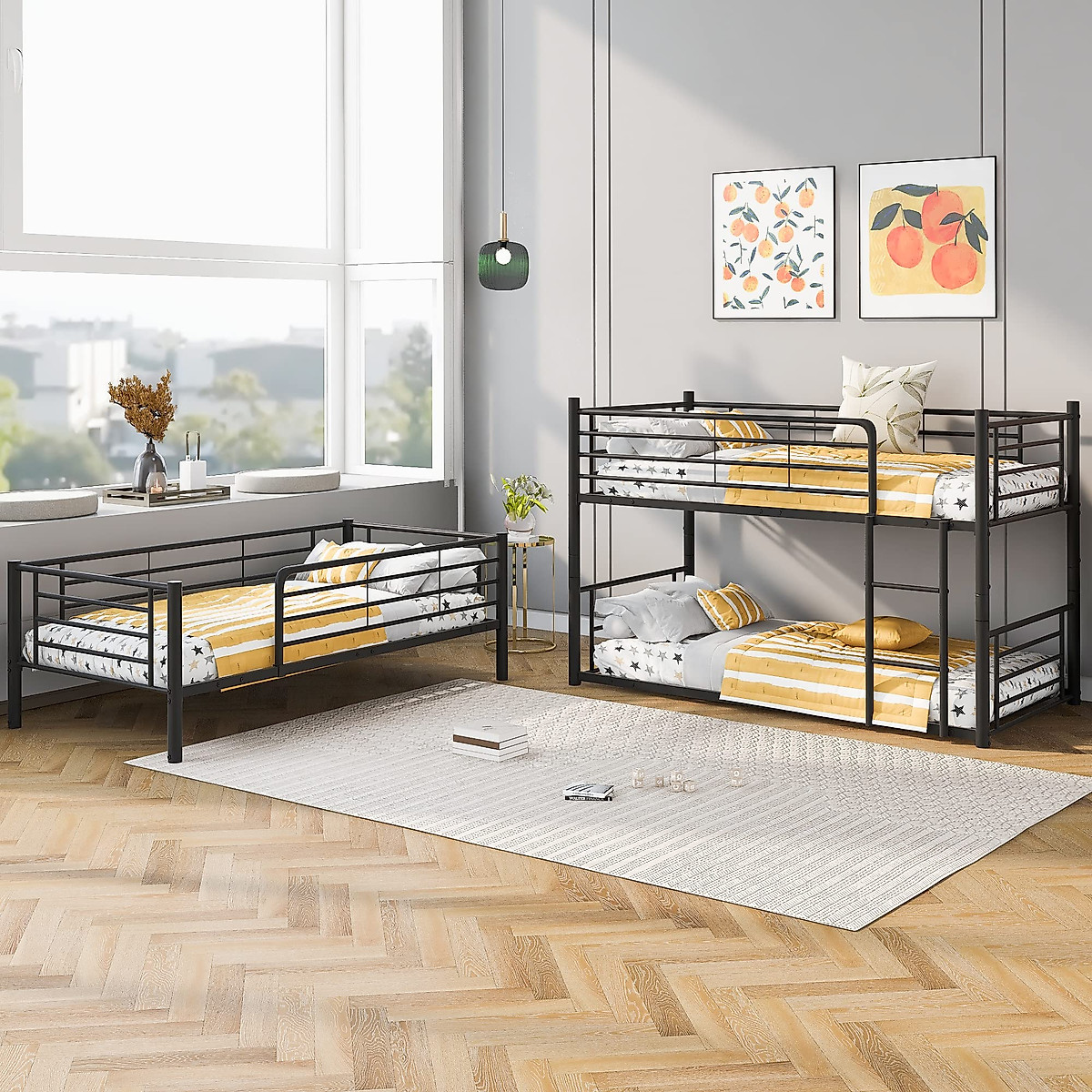 Majnesvon Metal Twin Size Triple Bunk Bed, Twin-Over-Twin-Over-Twin Triple Bed Frame Can be Split into 3 Bed with Built-in Ladder and Guardrails for Teens, Boys, Girls (Black)