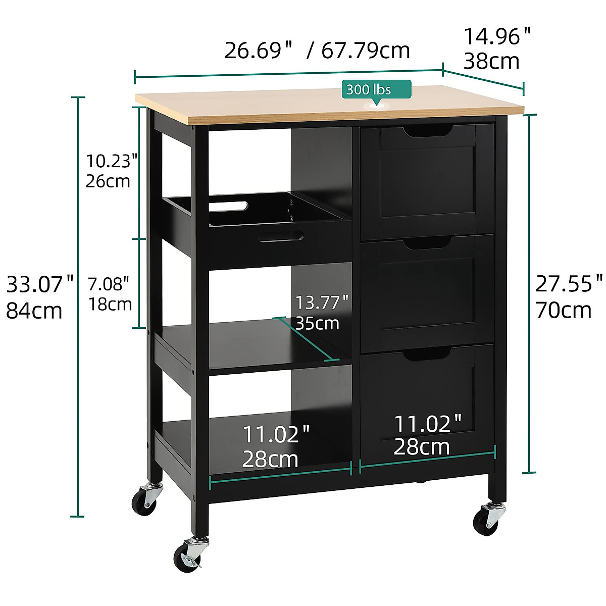YITAHOME Kitchen Island with Storage, Kitchen Cart for Home, Rolling Serving Utility Trolley Cart on Wheel with 3 Drawers and 3 Storage Shelves, Kitchen Serving Cart for Dining Room, Bar, Black
