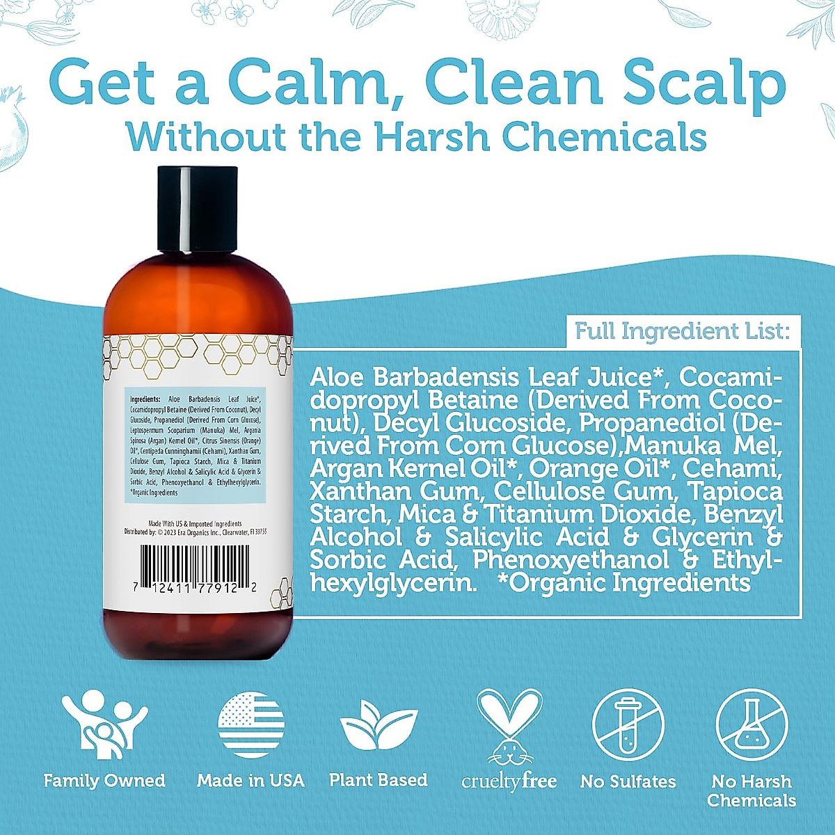 Era Organics Manuka Honey Dry Scalp Shampoo - Soothing and Moisturizing Shampoo for Dry Scalp and Damaged Hair - Family Friendly Sulfate Free Shampoo Treatment for Sensitive Skin