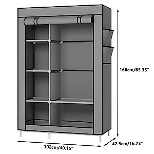 Calmootey Closet Storage Organizer,Portable Wardrobe with 6 Shelves and Clothes Rod,Non-Woven Fabric Cover with 4 Side Pockets,Grey