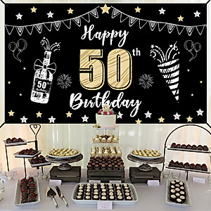 50th Birthday Banner Backdrop Decorations for Men Women, Black Gold Happy 50 Birthday Sign Party Supplies, Fifty Years Old Birthday Photo Background Poster Decor(72.8 x 43.3 Inch)