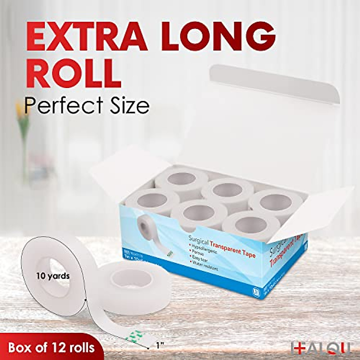 HEALQU Surgical Transparent Tape for Wound Care, Tubing, First Aid Supplies - 1" x 10yd Box of 12 Breathable, See Through, Microporous Waterproof Tape with Gentle Adhesion and Easy Monitoring