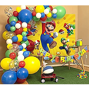 Cartoon Super Brother Boy Backdrop Gold Coin Video Game Adventure Kart Background Super Bros Uncle Mushroom Birthday Party Banner Baby Shower 7x5FT, 7x5FT(210x150cm)