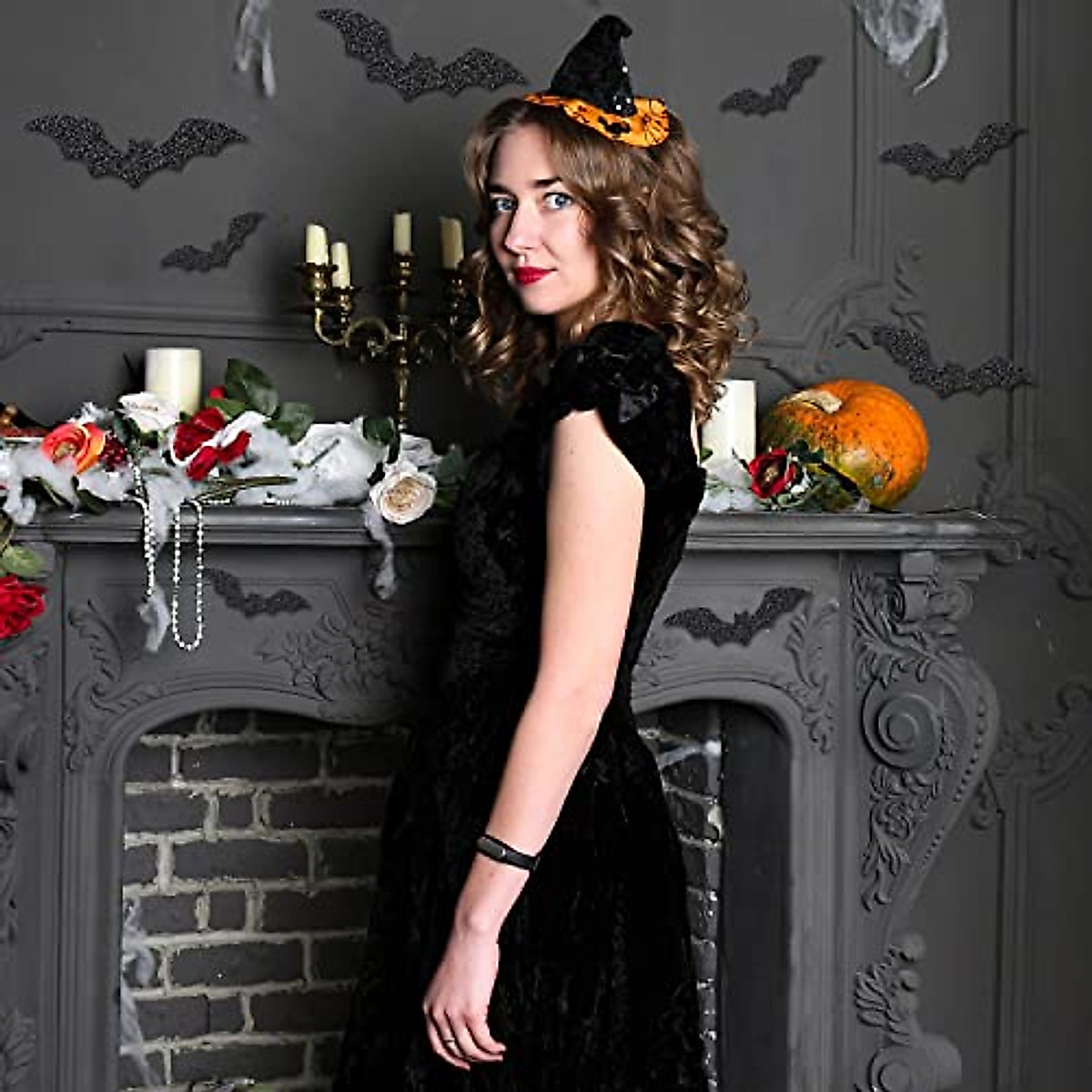 AIEX 20pcs Halloween Bat Stickers, with Glue Points Glitter Felt Cloth Bat Decor Halloween Bat Decorations for Room Home Indoor Wall Halloween Party (2 Sizes)