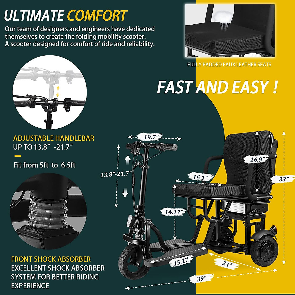 New Upgrade Folding Mobility Scooters, Lightweight Scooter Mobility for Adults, No Assembly Required, 20Miles Mobility Scooters for Adults, 3 Wheel Lightweight Mobility Scooter