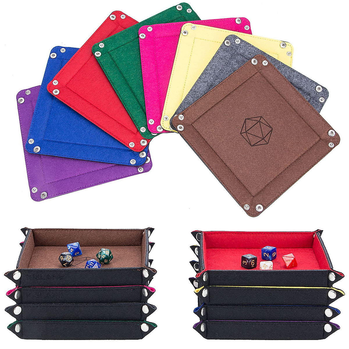 KISLANE Dice Tray 8 Pieces Folding Square Dice Tray, Felt Dice Tray Holder for DND, RPG, MTG and Other Board Games (Violet, Coffee, Green, Red, Rose Red, Gray, Yellow and Blue)