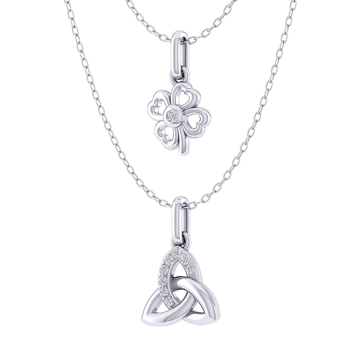 Dainty Four Leaf Clover and Celtic Trinity Knot Layered 1/20 Cttw Natural Diamond Pendant Necklace set in 925 Sterling Silver