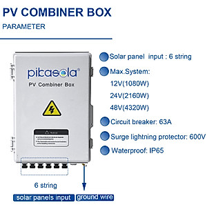 Pikasola PV Combiner Box, 6 String Solar Combiner Box with 15A LED Fuse, Lightning Arreste and 63A Air Circuit Breaker，Combiner Box for Solar Panel On/Off Grid System, IP65 Water Resistant