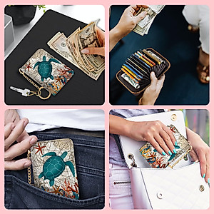 Blusabaca RFID Credit Card Holder Wallets for Women, Small Card Case Wallet with Keychain and Zipper, Leather Card Holder Sea Turtle Pocket Business Card Accordion Wallet