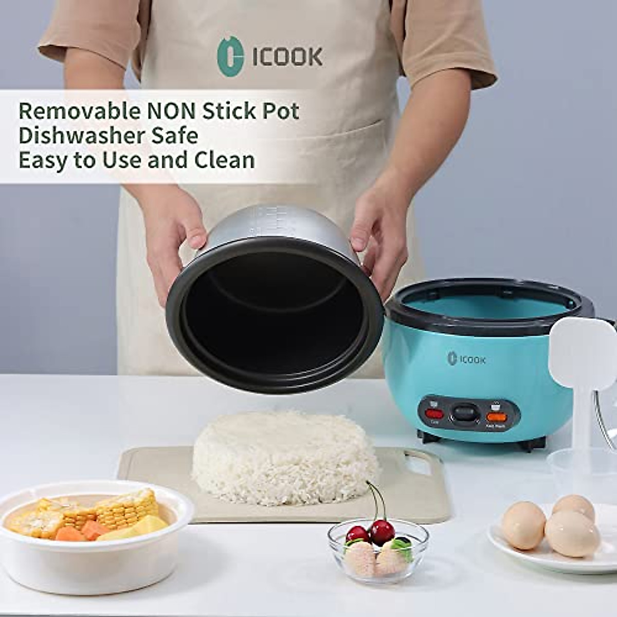 ICOOK 3-Cup Uncooked 6-Cup Cooked Blue Rice Cooker 0.6L Grains,Oatmeal,Cereals Cooker,Rice Warmer Steamer,Small Mini Rice Cooker,Removable Nonstick Pot,Full View Glass Lid,Blue