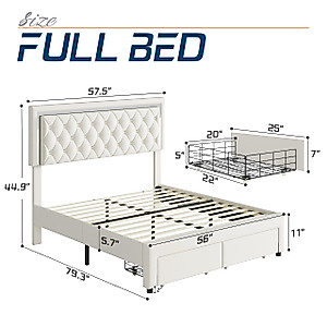Jocisland Full Size Bed Frame with LED Lights&Storage Drawers,Velvet Upholstered Platform Bed,No Box Spring Needed,White