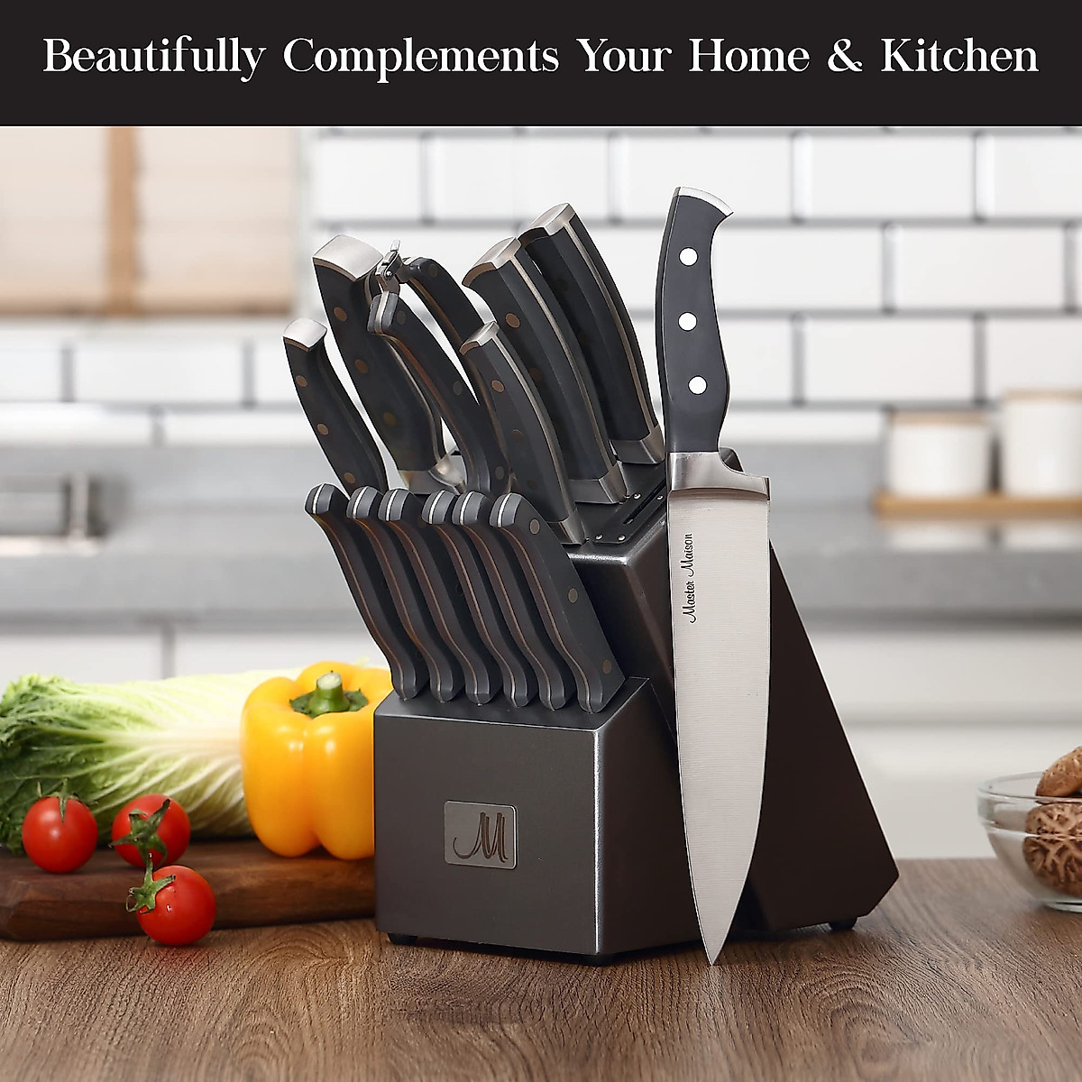 Master Maison Gray Kitchen Knife Set With Knife Block & Bonus Cleaver | German Stainless Steel Knives With Knife Sharpener & 6 Steak Knives | Professional Butcher Block Knife Sets For Kitchen