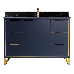 Fine Fixtures Opulence Collection 48 in. W x 20 in. D x 33 in. H Bathroom Vanity in Navy Blue with Black Marble Sintered Stone Sink - Satin Brass Hardware