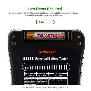 Tenergy T-333 Universal Battery Tester, LCD Display, Cell Checker, Multi-Purpose Small Battery Tester, for AA, AAA, C, D, 9V, CR123A, CR2, CRV3, 2CR5k CRP2, and Button Cell Batteries