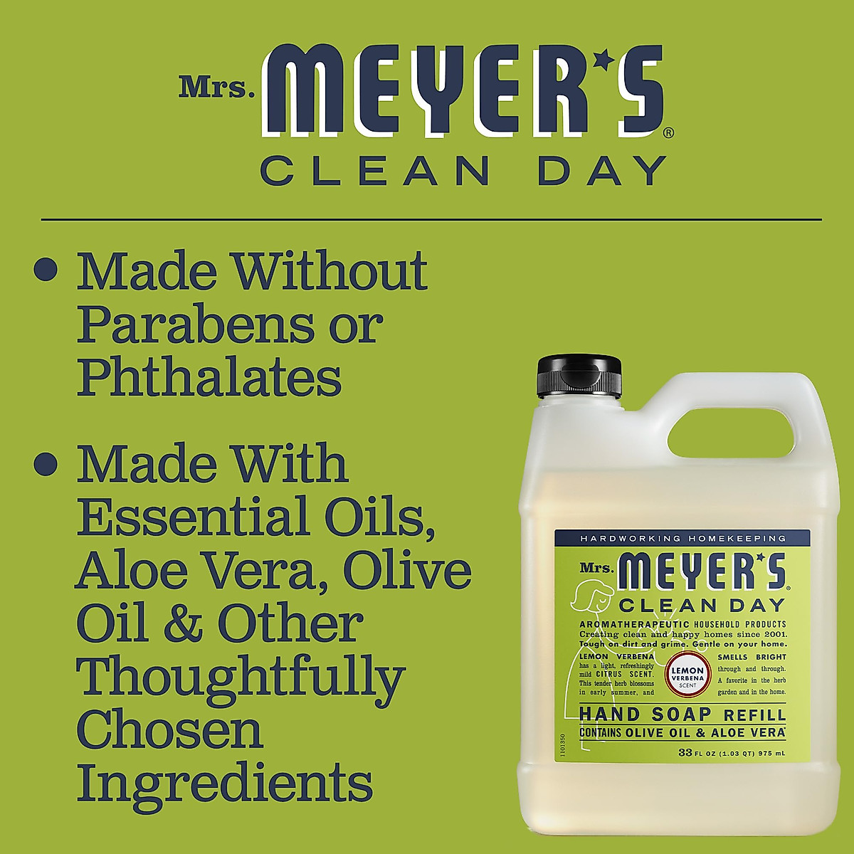 Mrs. Meyer's Clean Day Liquid Hand Soap Refill, Lemon Verbena Scent, 33 fl oz (651327)