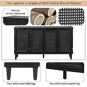 Merax Black Modern Rustic Wood Buffet Sideboard with Storage Shelf, 4 Rattan Doors Coffee Bar Cabinet TV Stand for Bedroom Living Dinning Room Kitchen, 1 Set