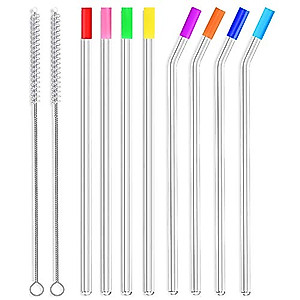 ALINK Skinny Clear Glass Straws, 10.5" x 7 mm Long Reusable Drinking Straws for 30 oz RTIC/YETI Tumblers, Mason Jars, Pack of 8 with 2 Cleaning Brush and 8 Silicone Tips