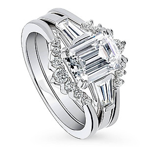 BERRICLE Sterling Silver 3-Stone Wedding Engagement Rings Emerald Cut Cubic Zirconia CZ 7-Stone Ring Set for Women, Rhodium Plated Size 5.5
